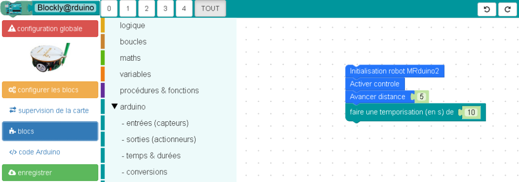 Déplacements avec contrôle - MRduino2 Blockly - Mace Robotics-fr